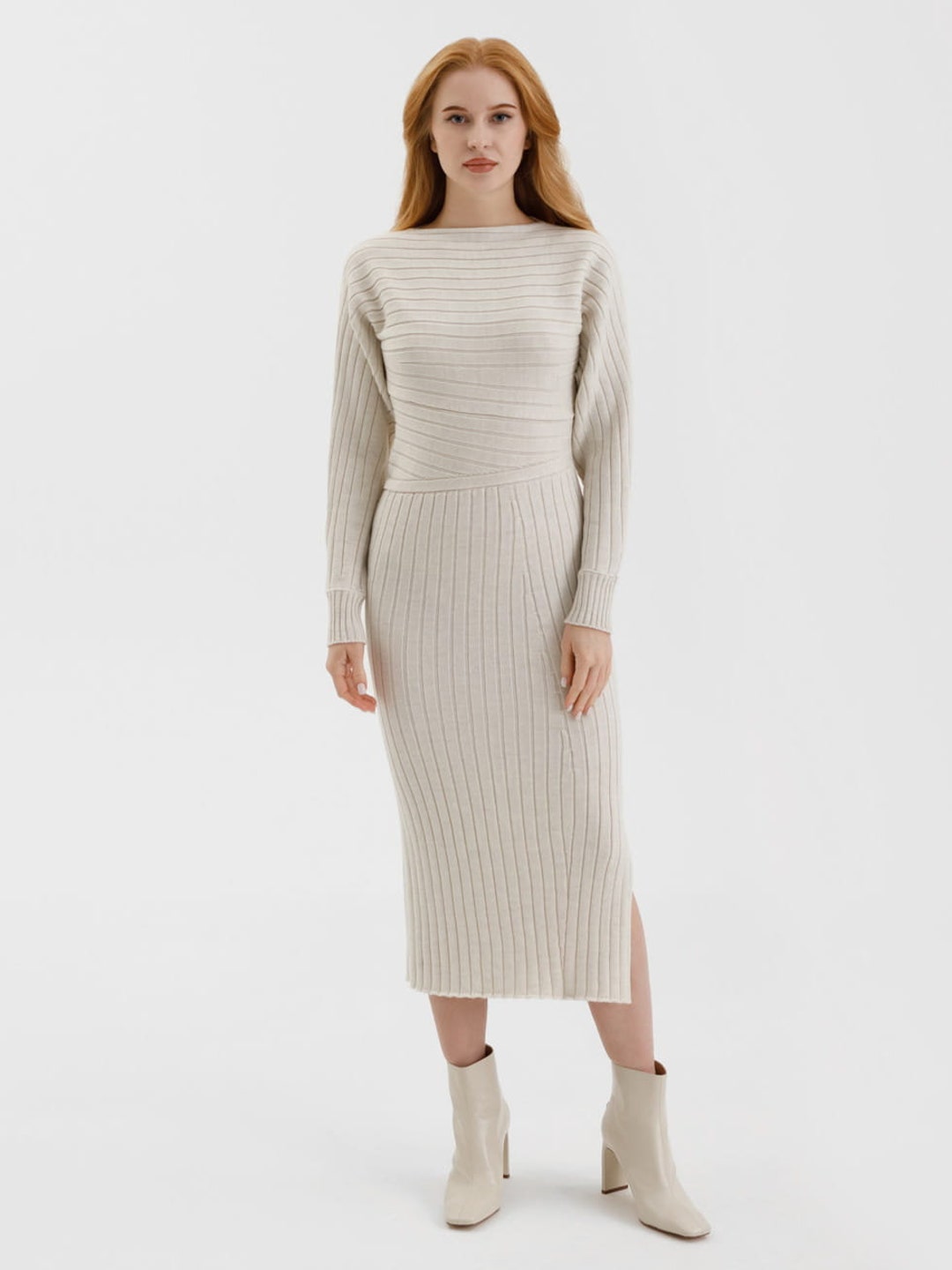 Merino Dress Elegant Pearl, Italian Wool Knitted Dress, Women's Organic ...