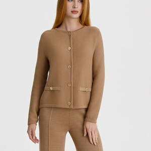 Merino Knitted Jacket, Golden Beige Sweater, Women's Italian 100% ...