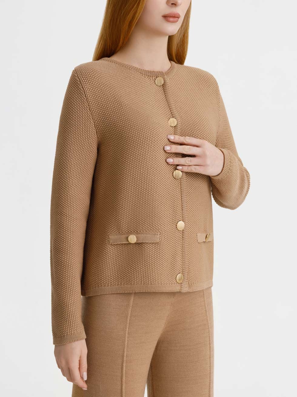 Merino Knitted Jacket, Golden Beige Sweater, Women's Italian 100% ...