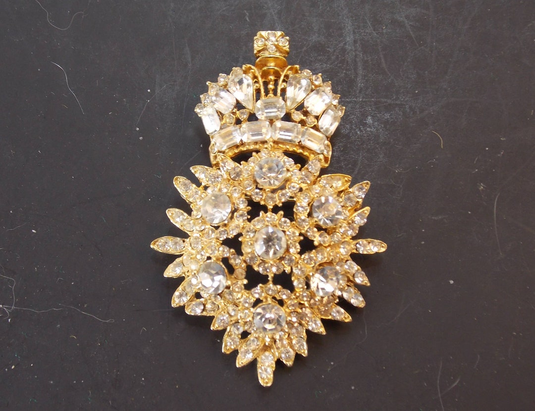 Crown Crest Rhinestone Pin Brooch Extra Large Gold Tone 3" - Etsy