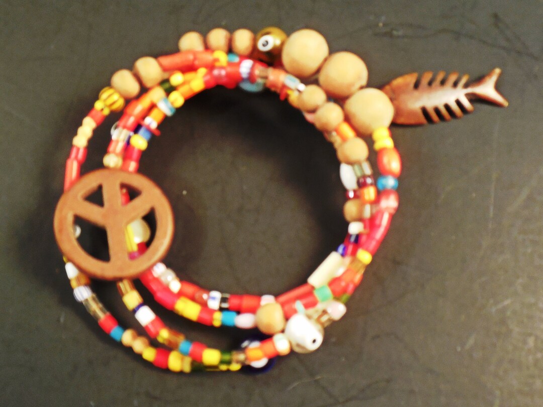 Hippie Boho Vintage Peace Sign Fish Coil Bracelet - Etsy