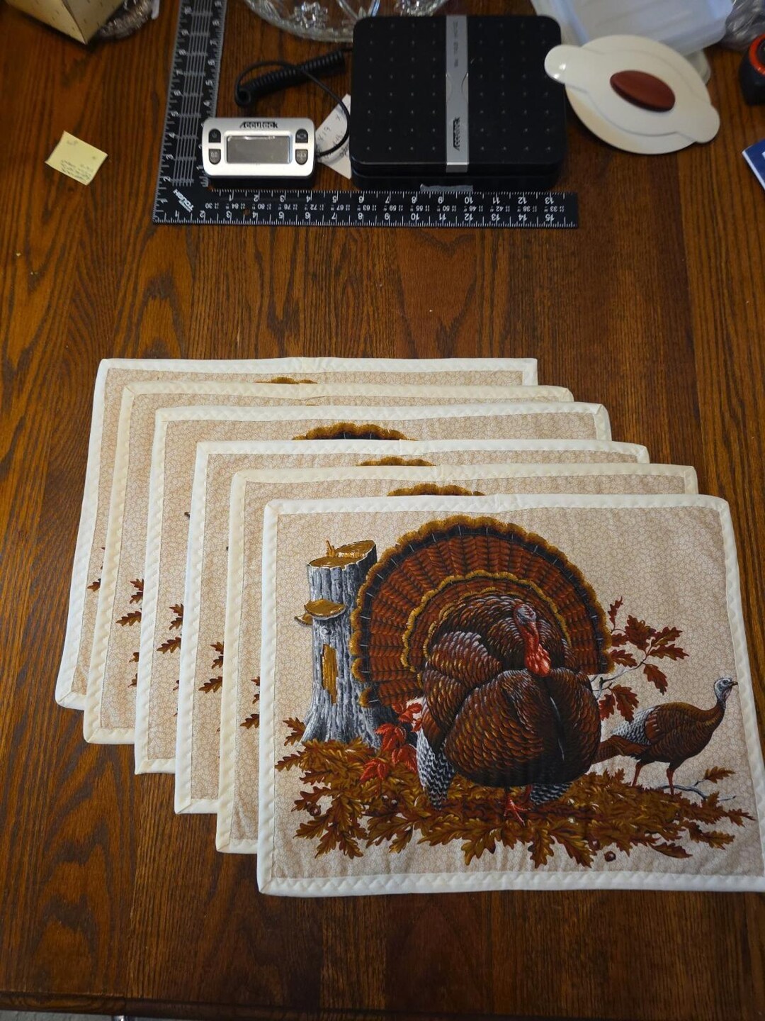 Set of 6 Vtg Turkey Placemat Quilted Fabric Panel Thanksgiving 15x12 ...