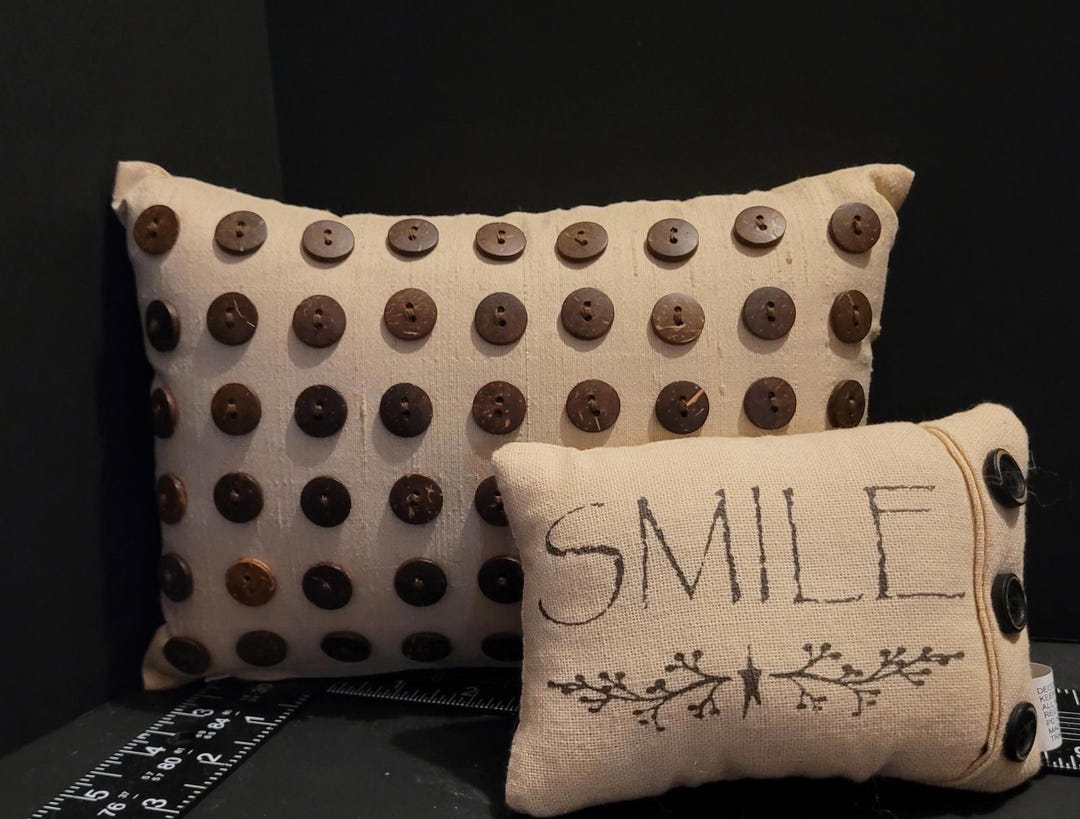 Pair of Primitive Farmhouse Pillows Silk Button Smile Beige Brown - Etsy