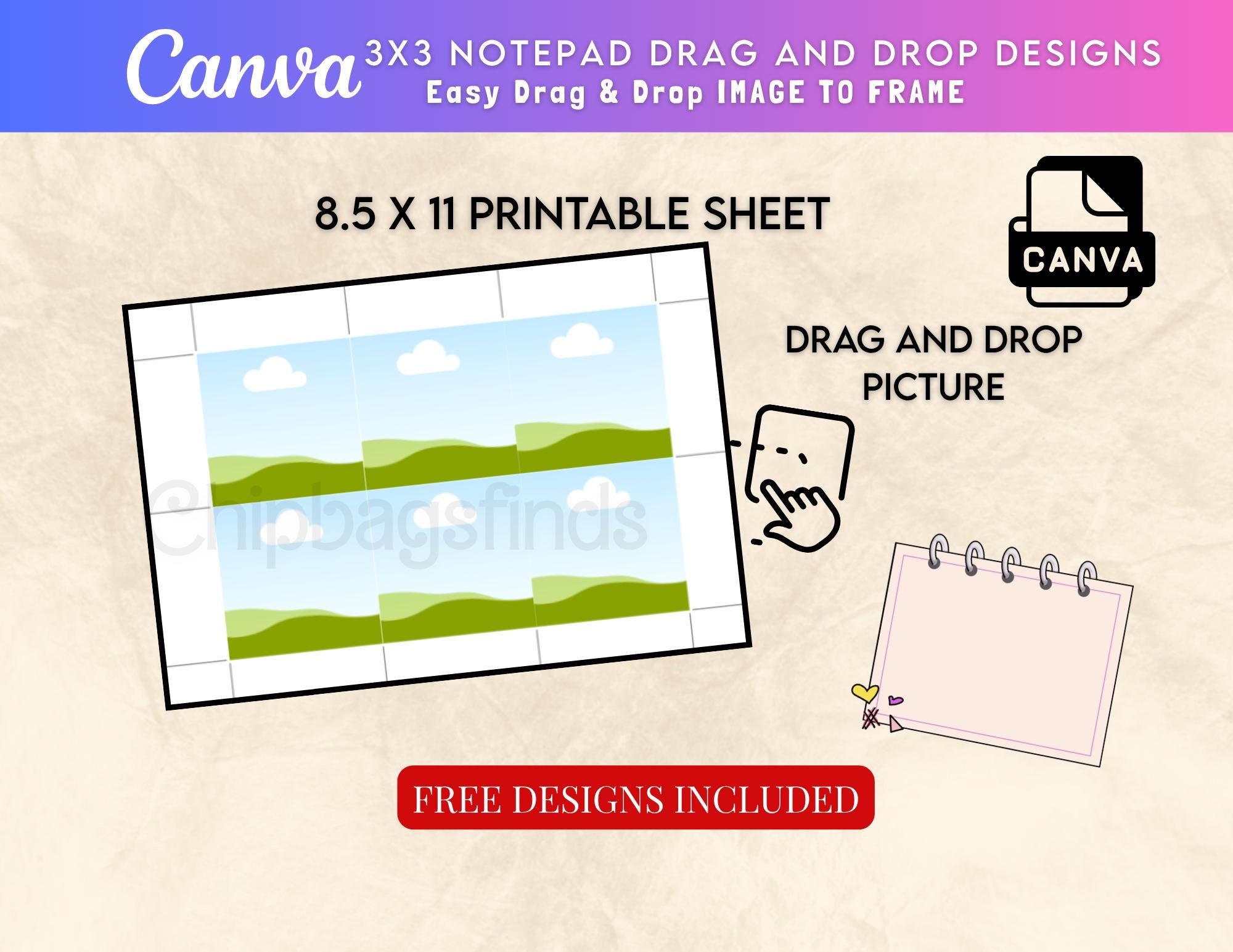 3X3 Notepad Drag and Drop Designs Canva Template Editable in Canva - Etsy