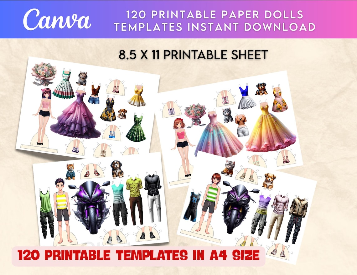 120 Styles Printable Paper Dolls Template Instant Download Canva Mix ...