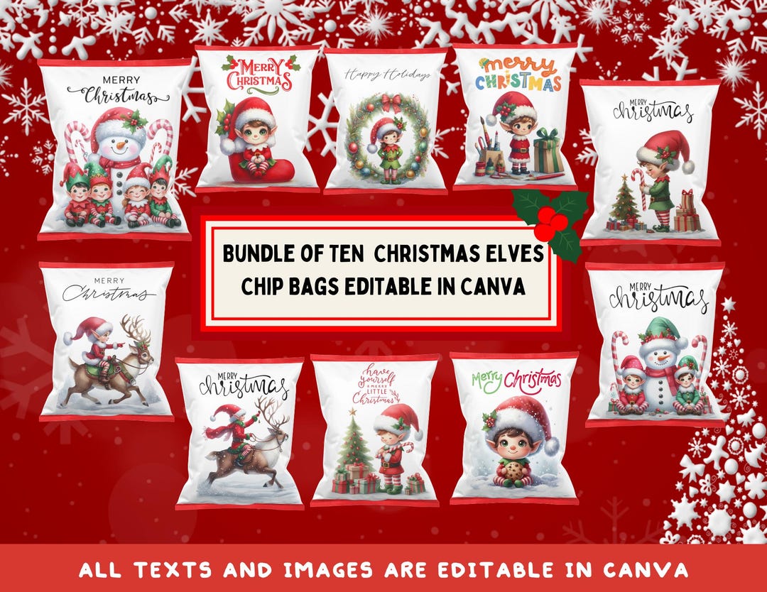 Bundle of 10 Christmas Elves Christmas Chip Bags Editable in Canva - Etsy