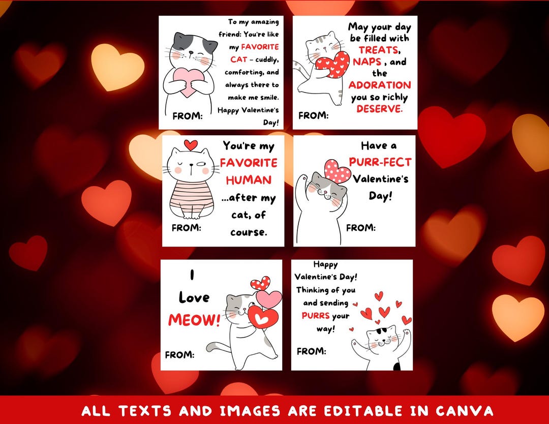 Valentine's Day Cards Cute Cat Cards PRINT SHEET Editable in Canva - Etsy