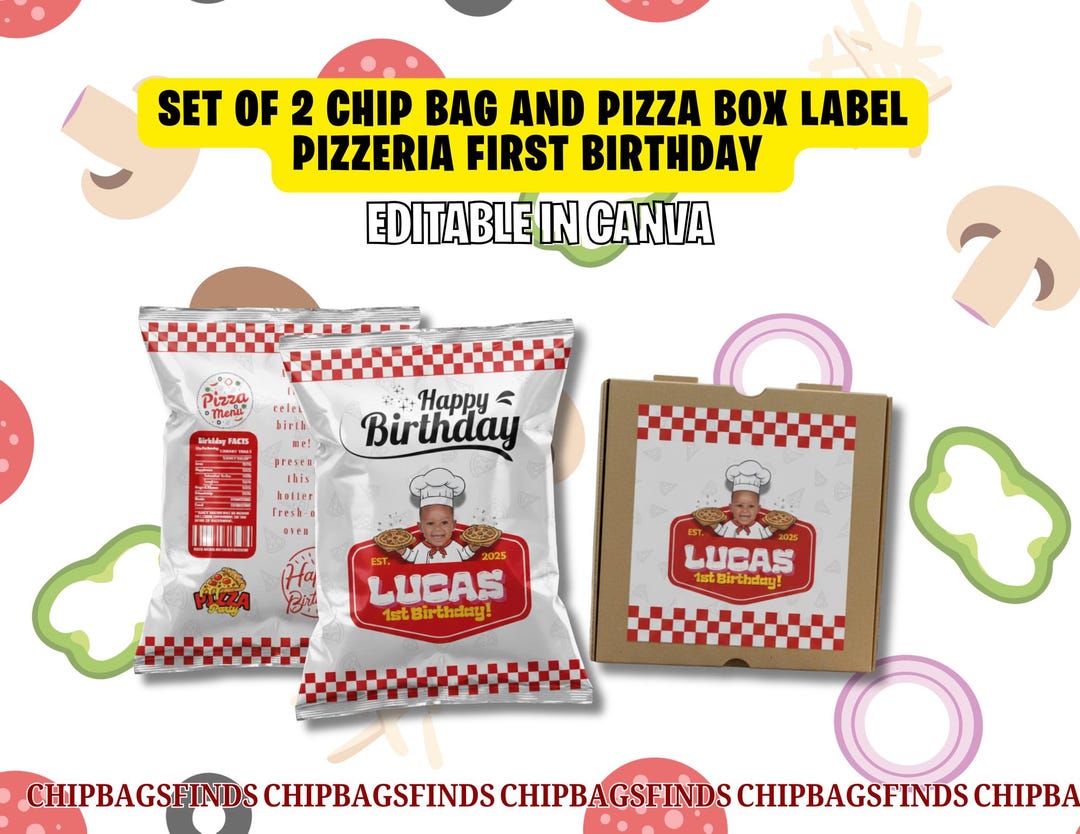 Pizza Birthday Chip Bag & Mini Pizza Box Label Set (canva Editable, PDF ...