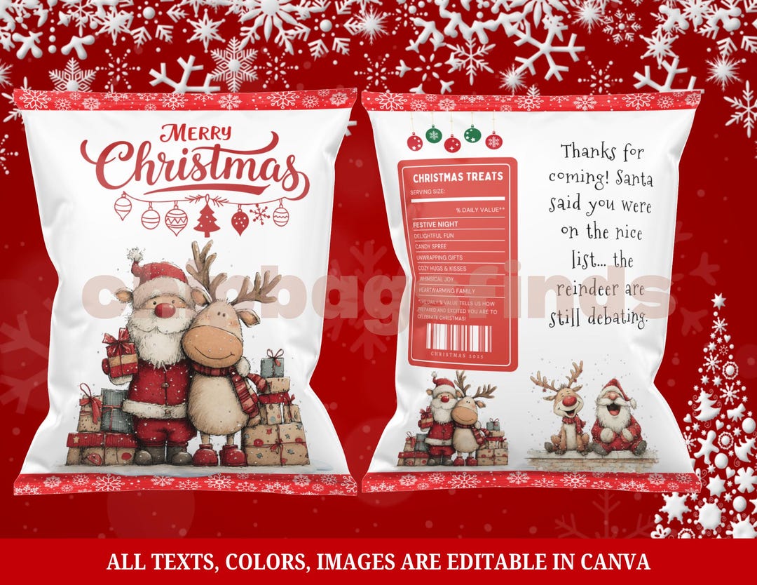 Santa Gifts Christmas Chip Bag Happy Holidays Editable in Canva - Etsy