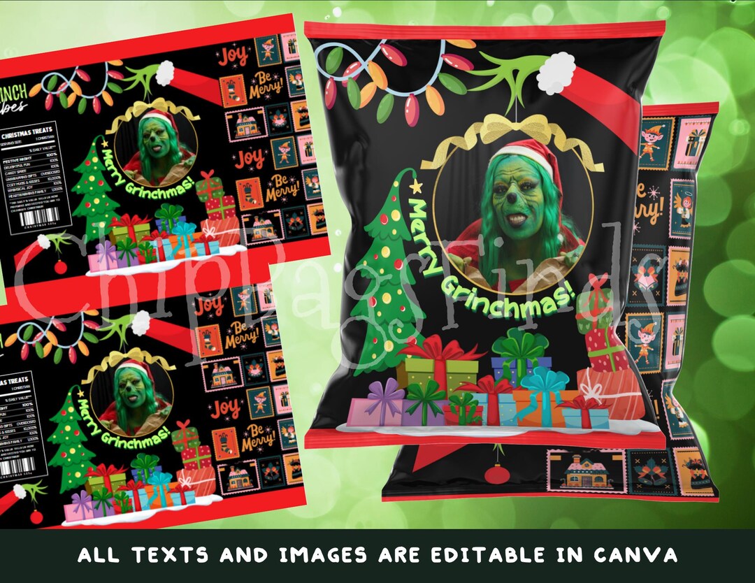 Grinch Christmas Chip Bag, Custom Photo, Editable Canva Template (PDF ...
