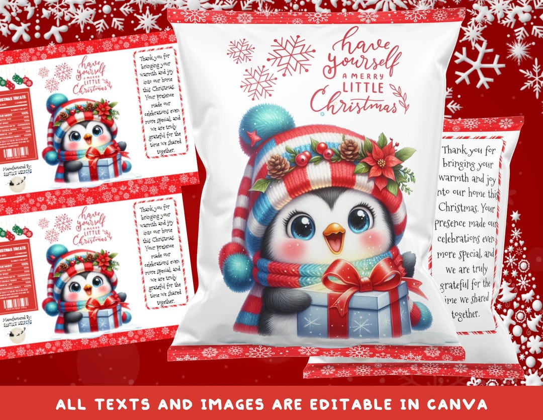 Penguin Surprise Gifts Christmas Chip Bag Happy Holidays Canva Editable ...