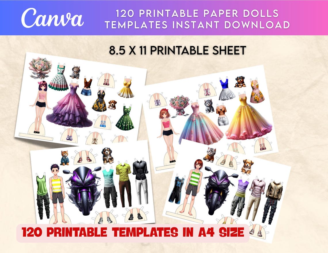 120 Styles Printable Paper Dolls Template Instant Download Canva Mix ...