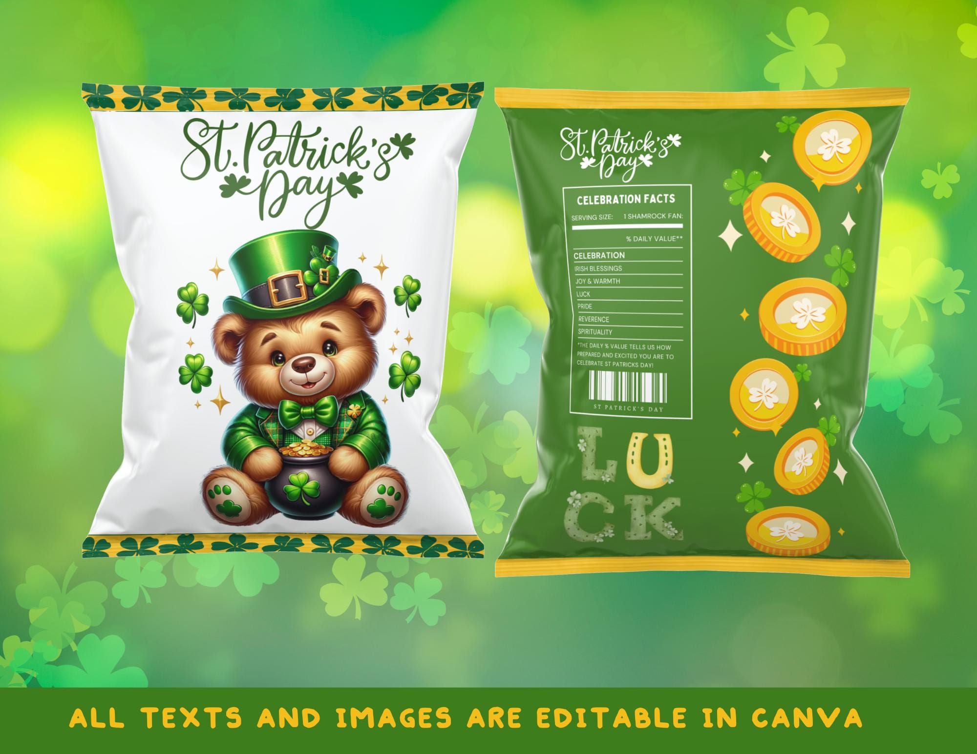 St Patricks Day Bundle of 10 Chip Bags Templates Editable in Canva - Etsy