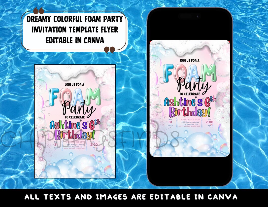 Dreamy Colorful Foam Party Invitation Template Editable in Canva - Etsy