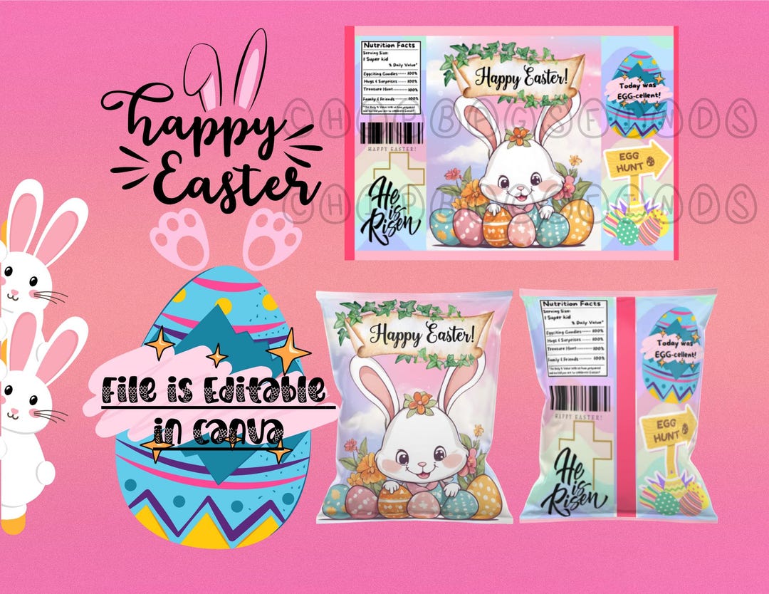 Easter Chip Bags With Bunny and Eggs Editable in Canva - Etsy