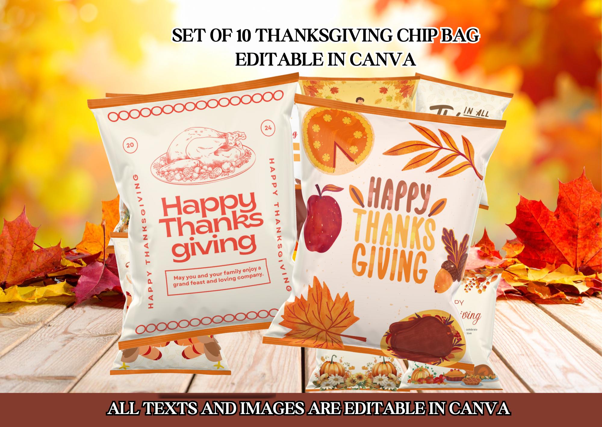 Set of 10 Happy Thanksgiving Chip Bag Editable in Canva Free Bingo Game ...