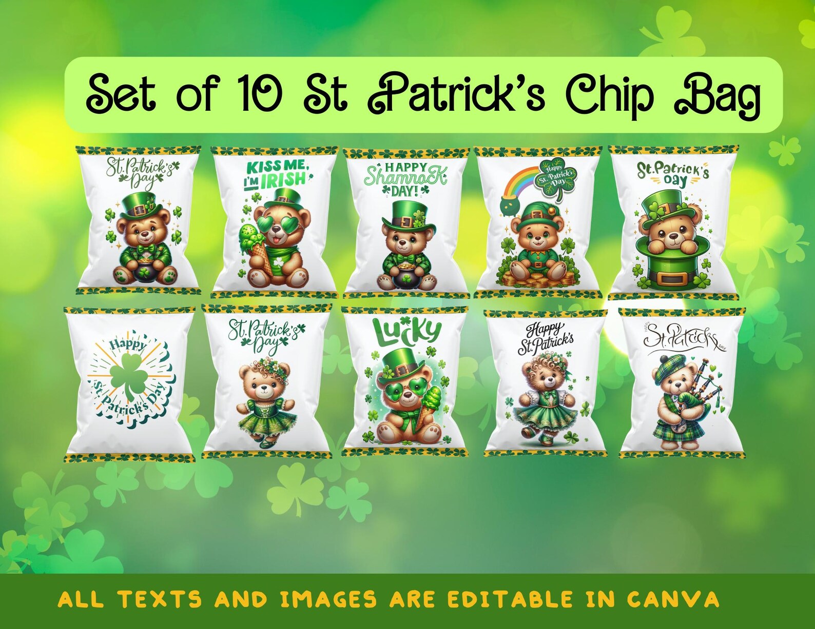 St Patricks Day Bundle of 10 Chip Bags Templates Editable in Canva - Etsy