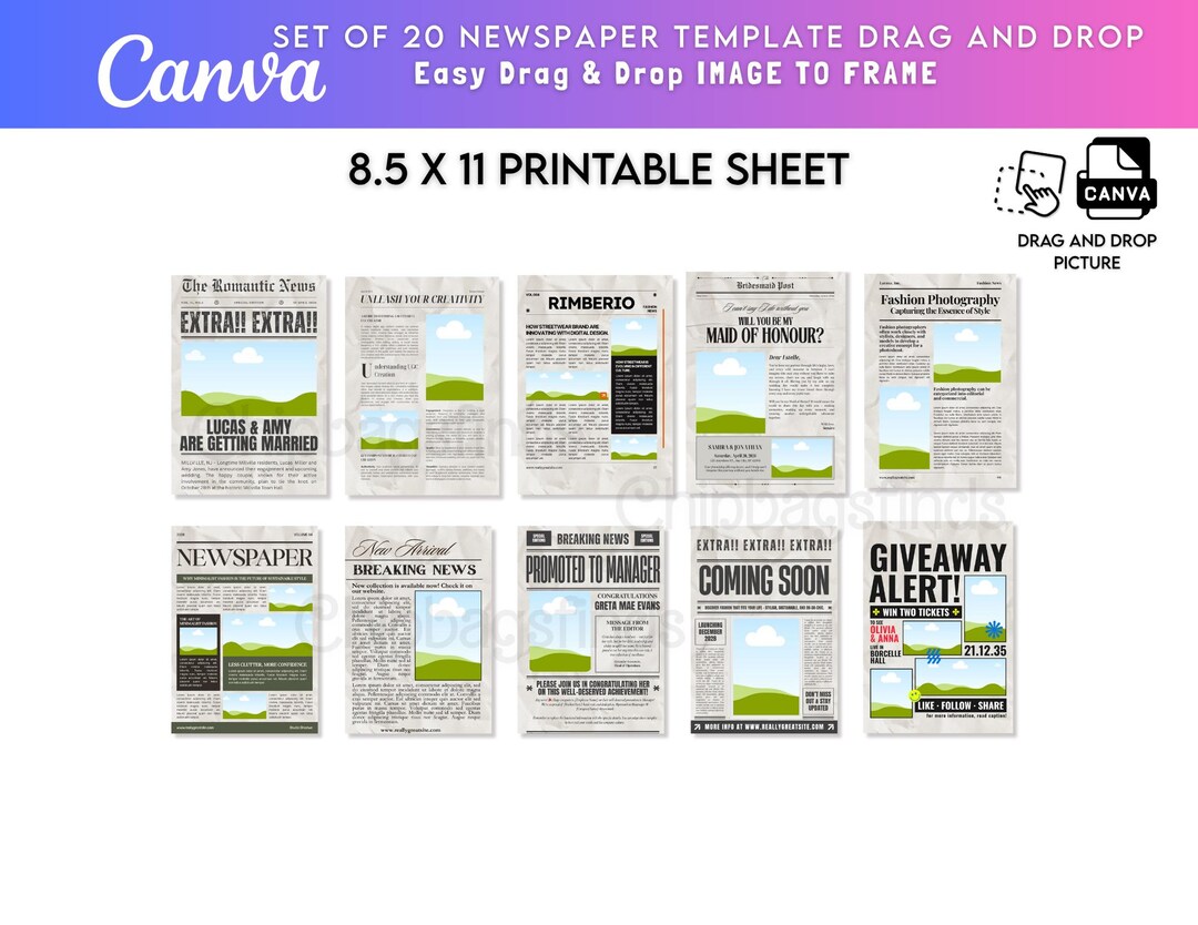 Canva Newspaper Template Set: Drag & Drop Photo Layouts (20 Designs) - Etsy