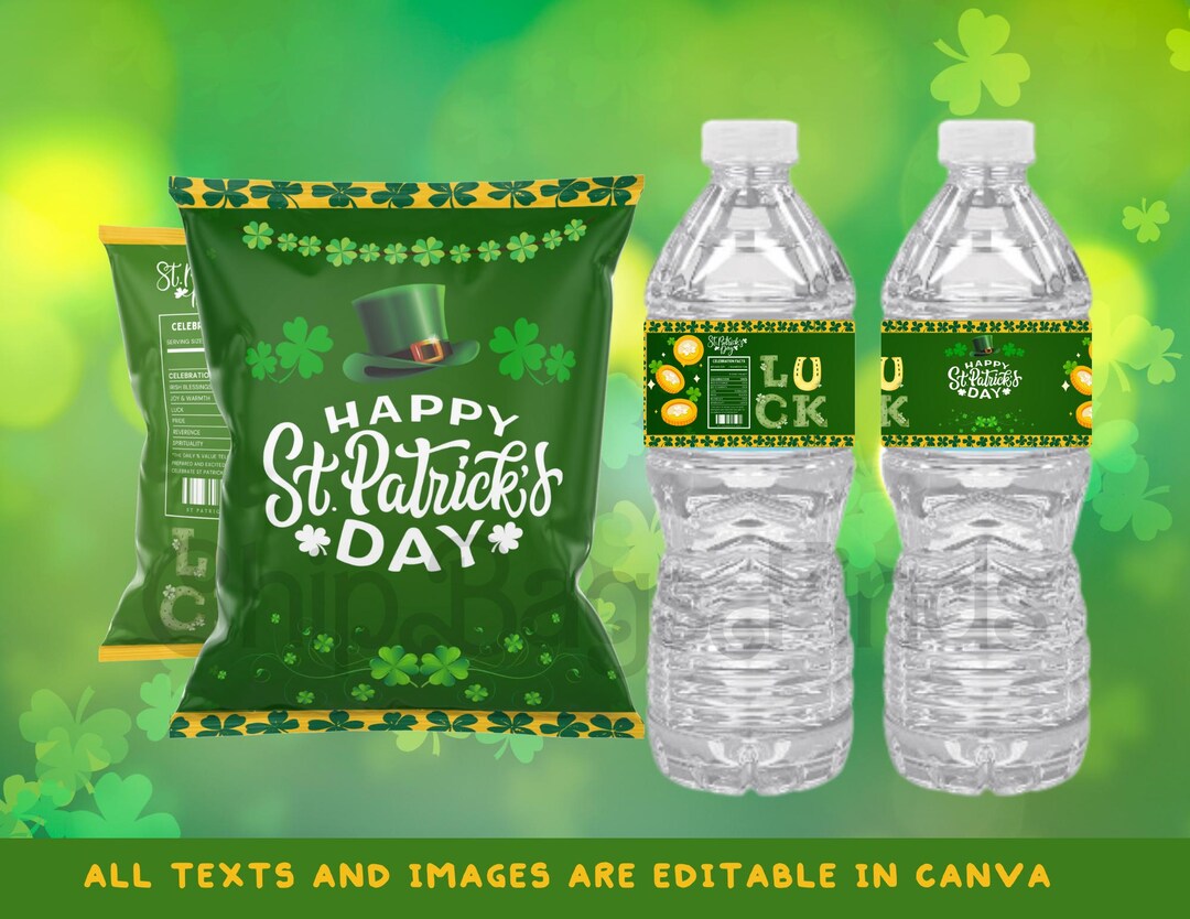 Template Set Simple Happy St Patricks Day Chip Bag and Water Bottle ...