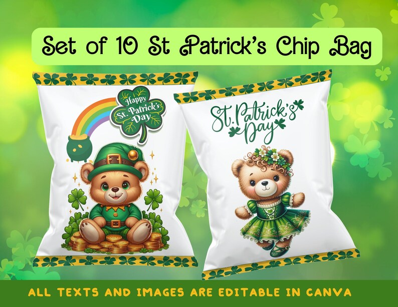 St Patricks Day Bundle of 10 Chip Bags Templates Editable in Canva - Etsy