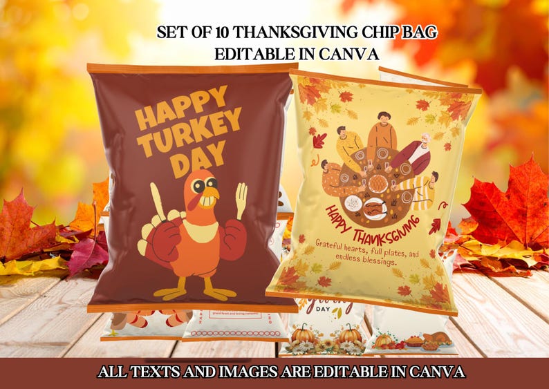 Set of 10 Happy Thanksgiving Chip Bag Editable in Canva Free Bingo Game ...
