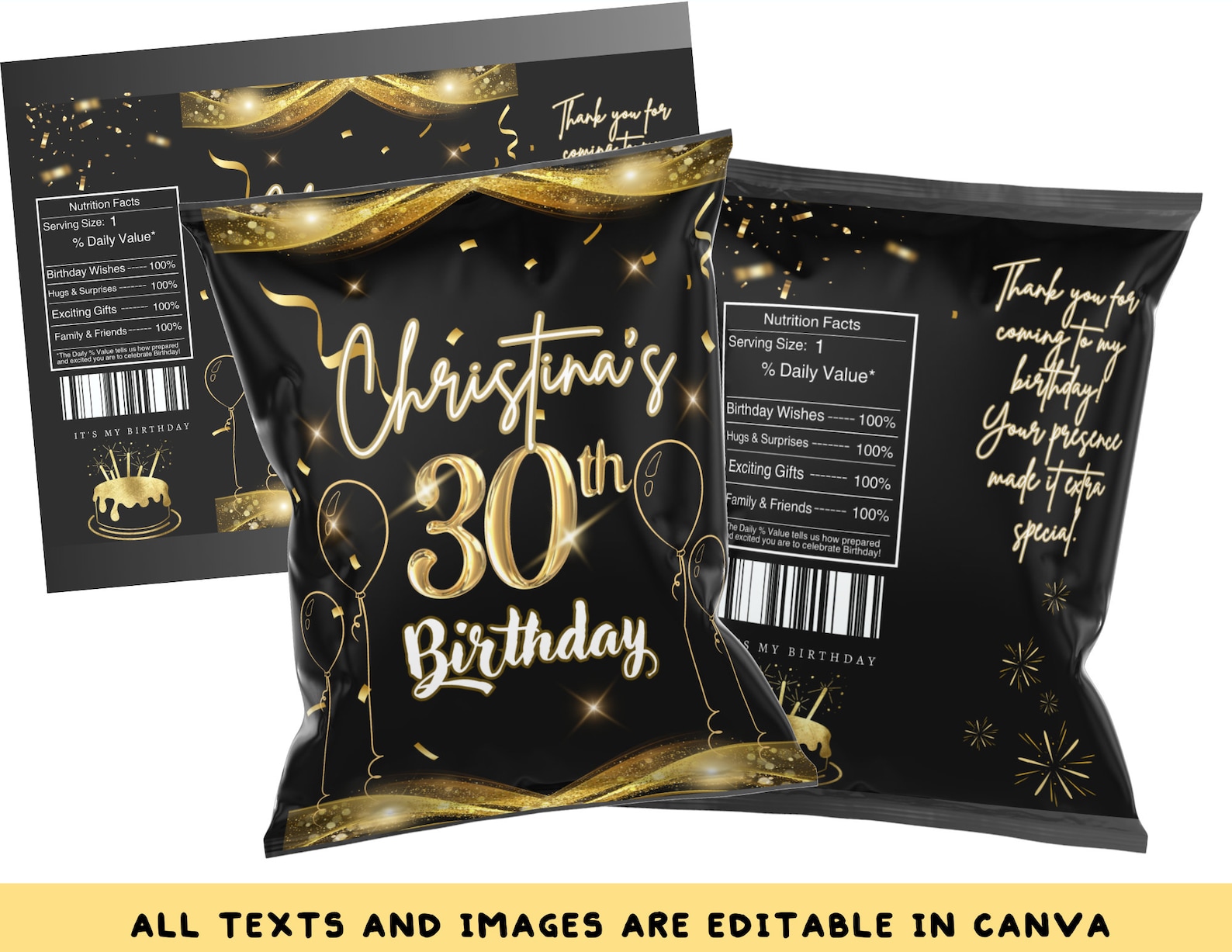30th Birthday Favors Luxurious Black & Gold Birthday Chip Bag and Water ...