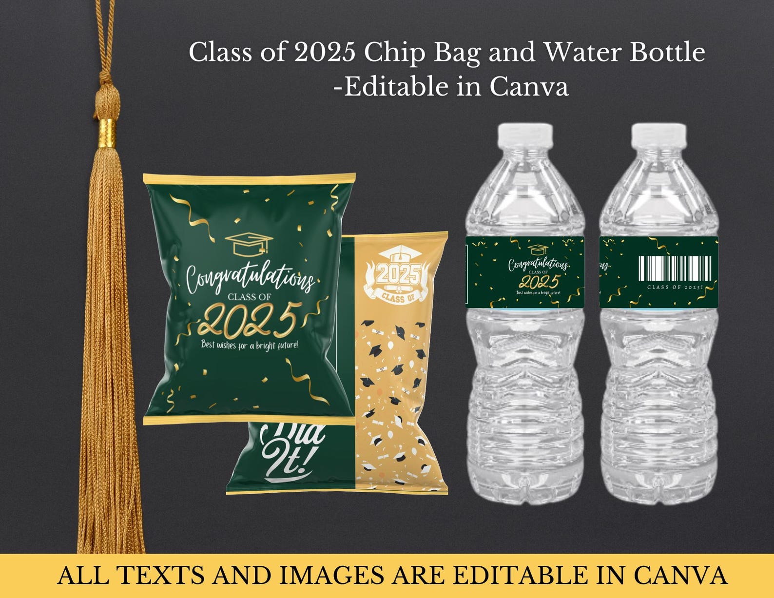 Emerald Green Class of 2025 Chip Bag and Water Bottle Editable in Canva ...