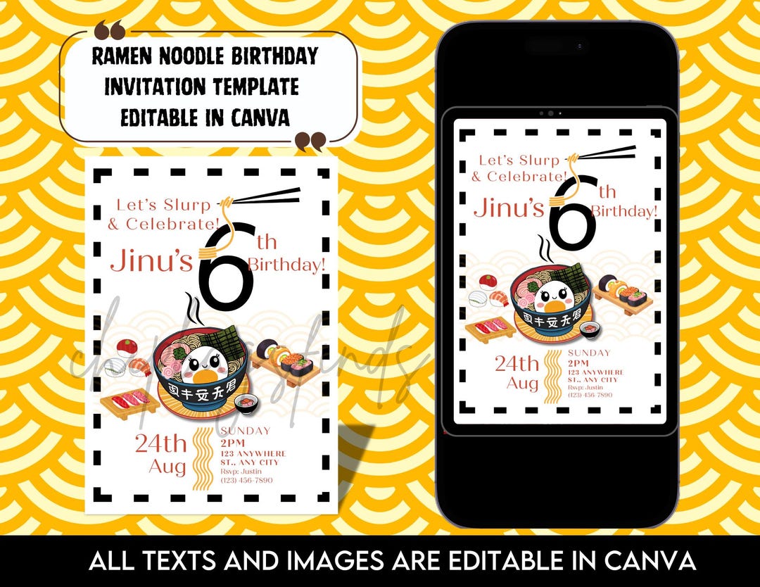 Ramen Party Invitation – Kawaii Noodle Birthday Invite Template ...