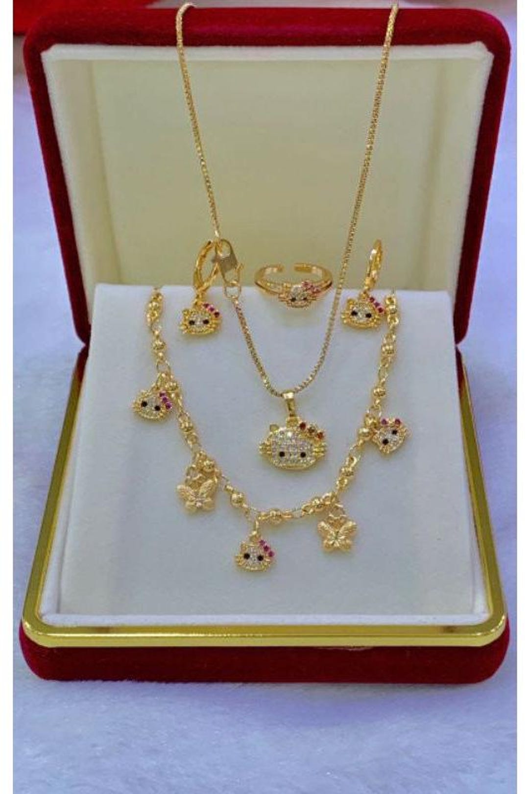 22K 24K Gold Plated Kitty Kids Jewelry Set Adorable Cat Necklace ...