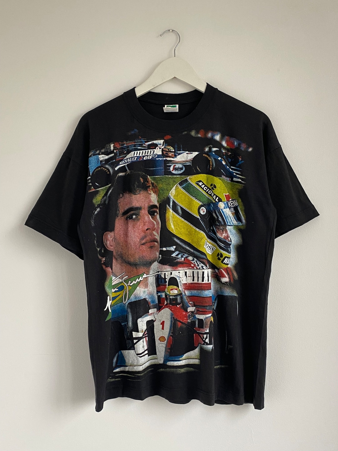 Vintage Ayrton Senna AOP Graphic Print Racing Honda T-shirt Black Size ...