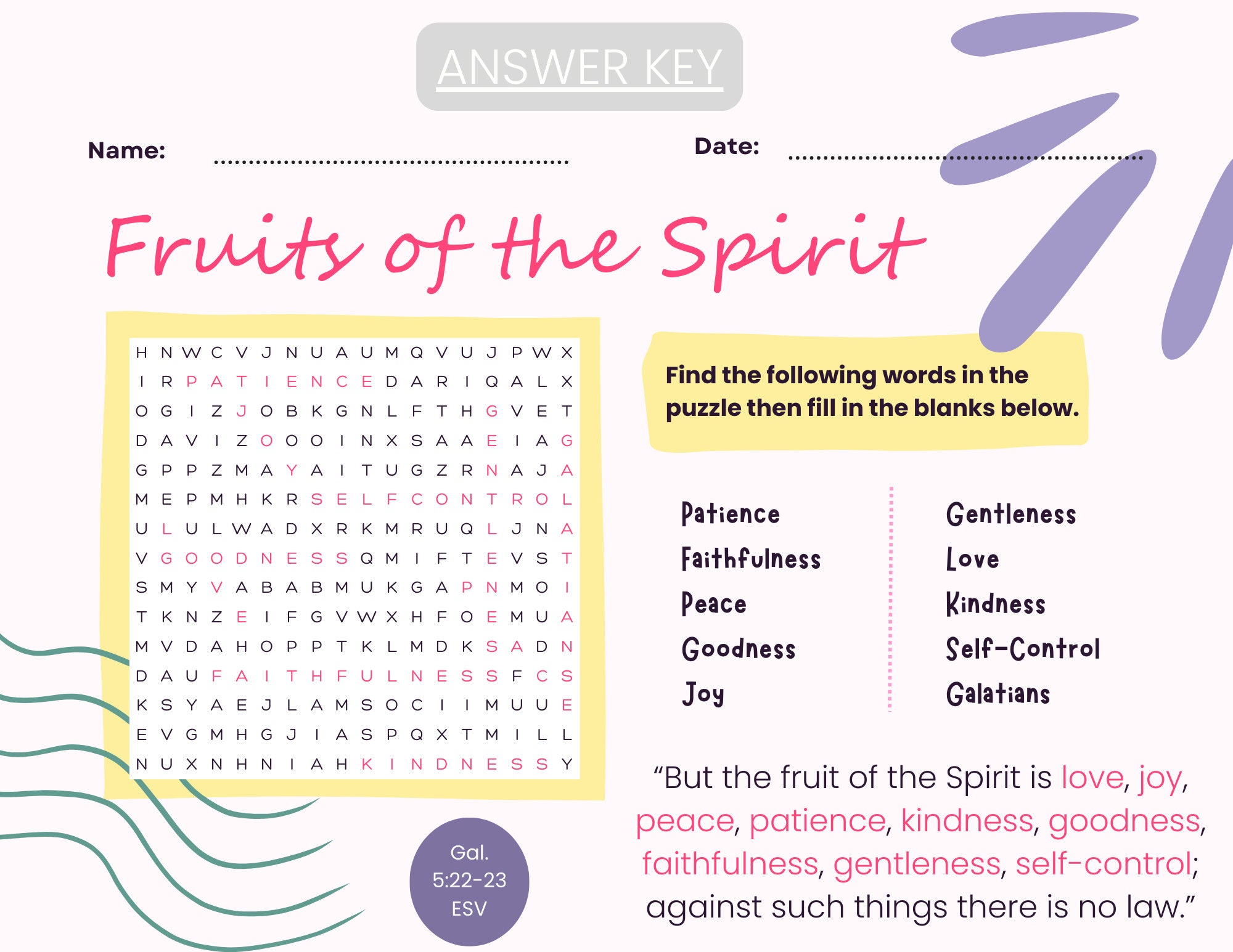 Fruits of the Spirit Activity Worksheet and Answer Key - Etsy