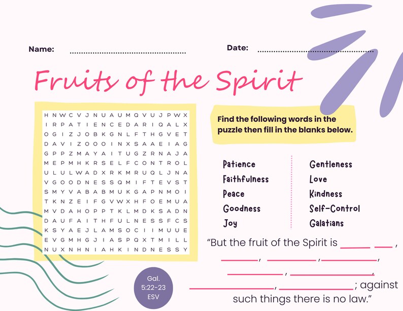Fruits of the Spirit Activity Worksheet and Answer Key - Etsy