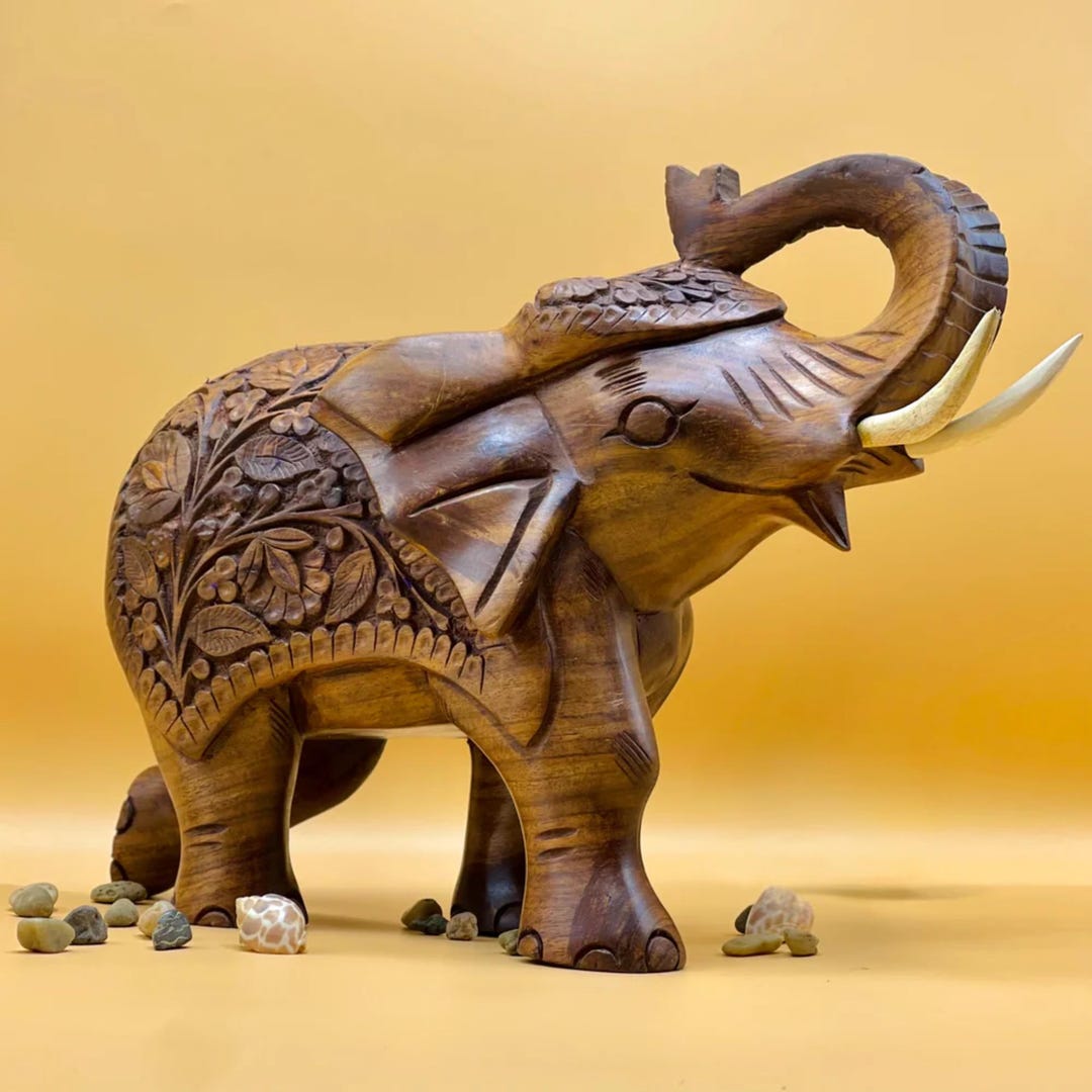 Hand Carved Wooden Elephant, Wooden Elephant Statue, Elephant Figurine ...