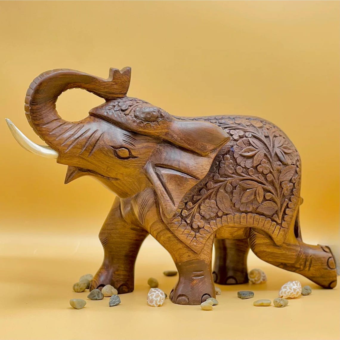 Hand Carved Wooden Elephant, Wooden Elephant Statue, Elephant Figurine ...