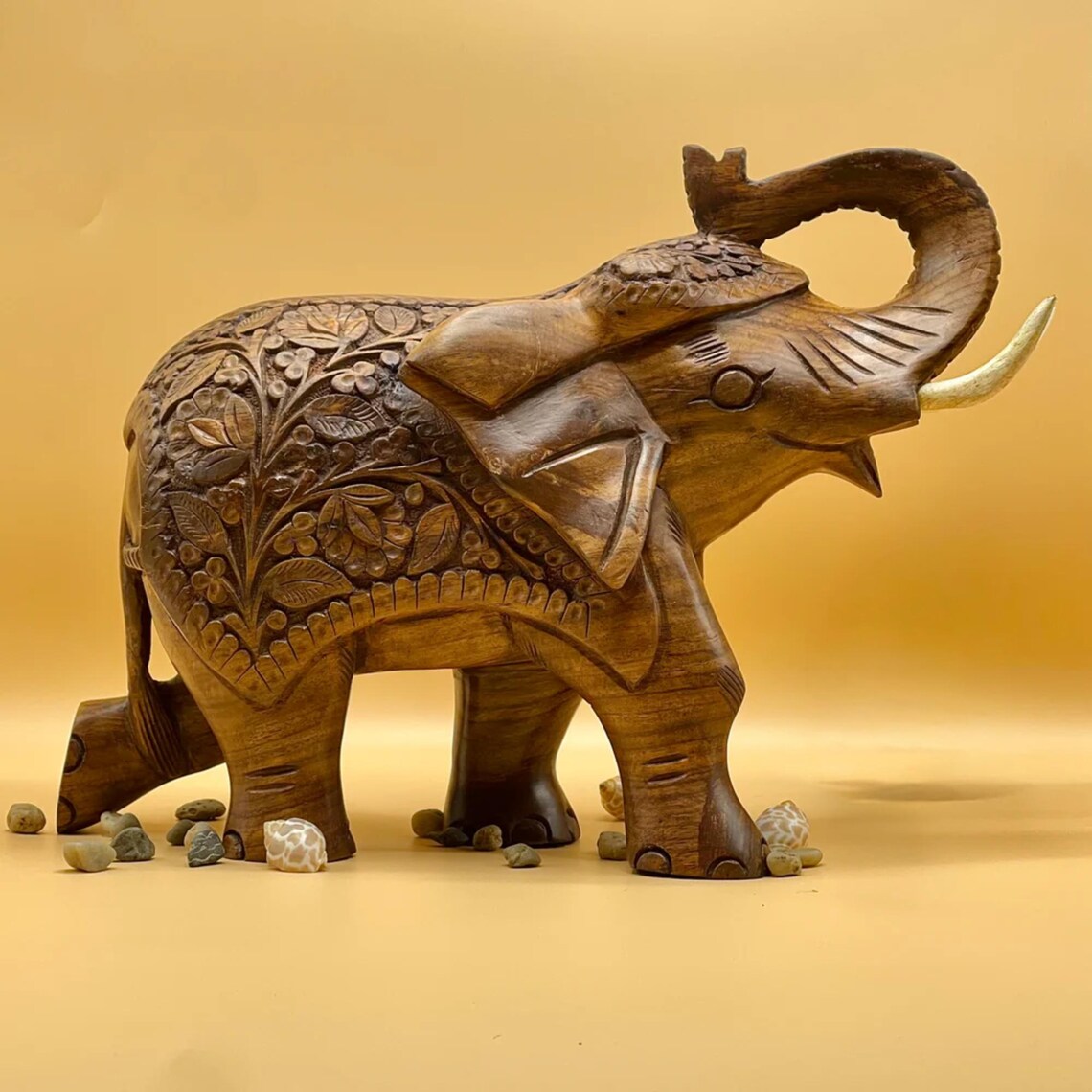 Hand Carved Wooden Elephant, Wooden Elephant Statue, Elephant Figurine ...