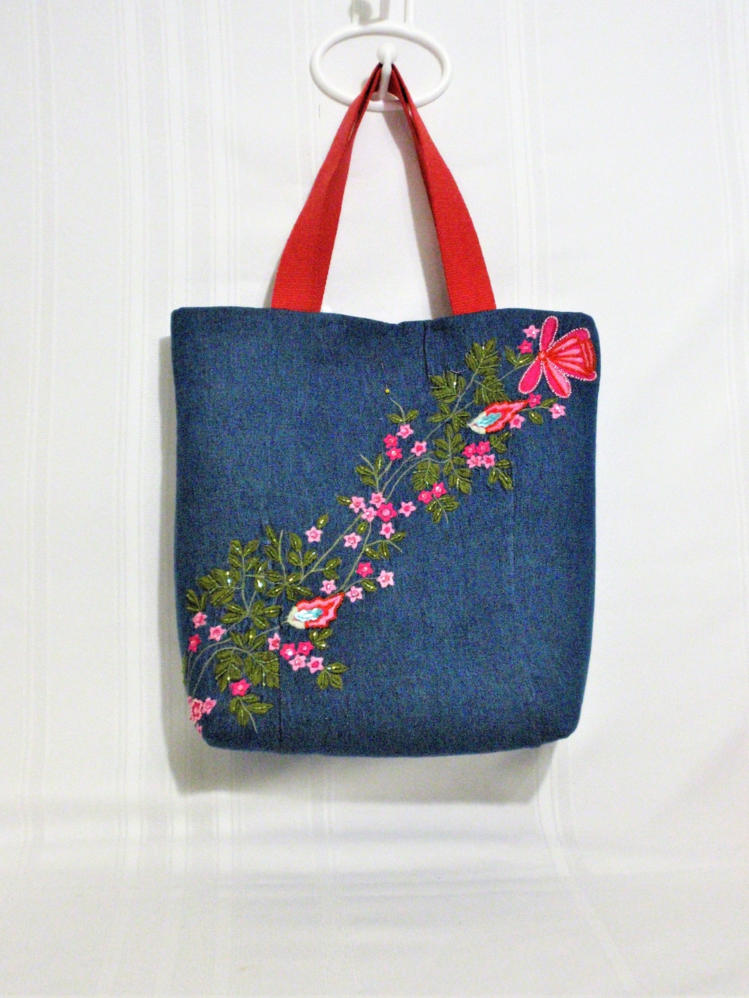 Denim Tote Bag/floral Embroidery on Denim Bag/handmade Denim Tote Bag/4 ...
