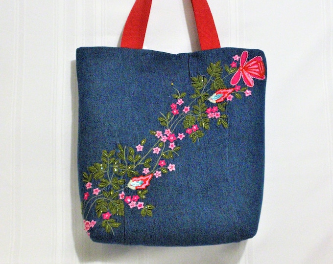 Denim Tote Bag/floral Embroidery on Denim Bag/handmade Denim Tote Bag/4 ...