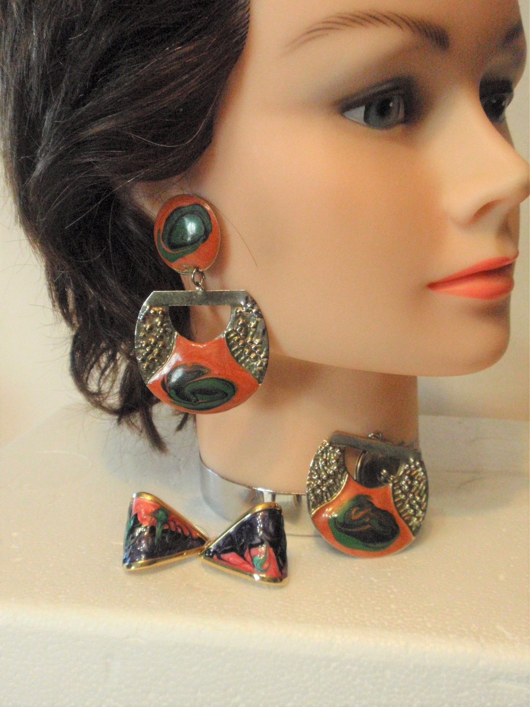 Vintage Enamel Earrings, Christmas Colors.2 Pair Set, Pierced Statement ...