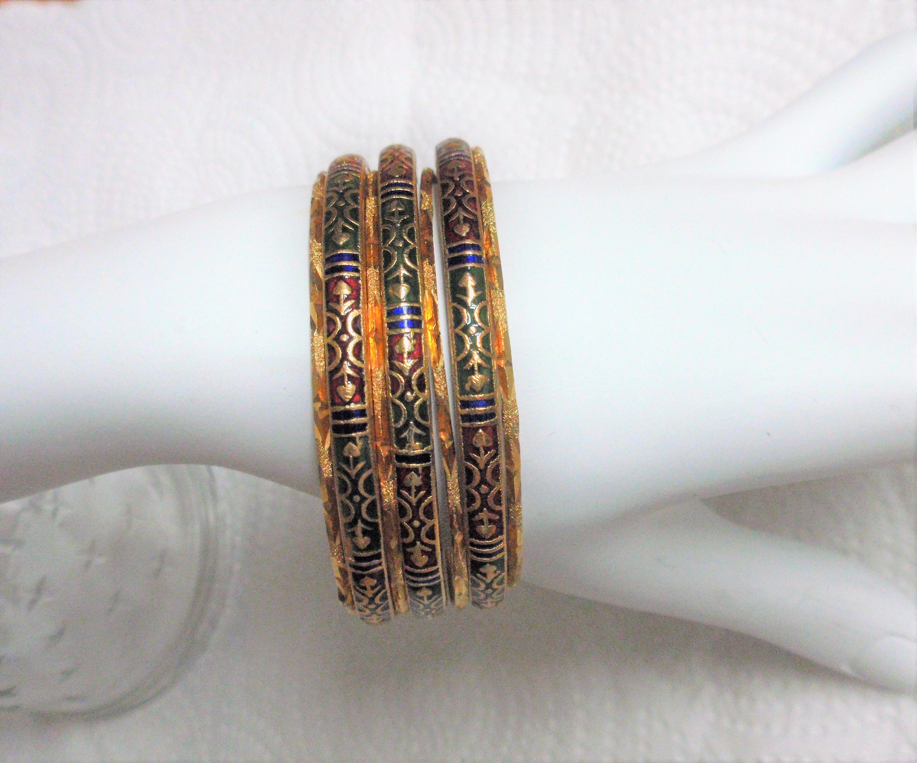 Vintage textured stacking Bangles enamel/ Brass 7 piece set | Etsy