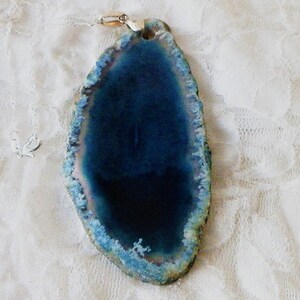 Gorgeous Blue Agate Slice Pendant , Sterling Silver 925 , ..30 Inch ...