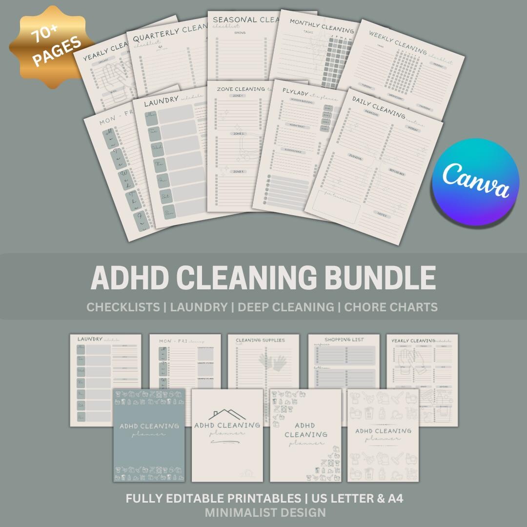 Editable ADHD Cleaning Checklist Bundle - Deep Cleaning, Cleaning ...