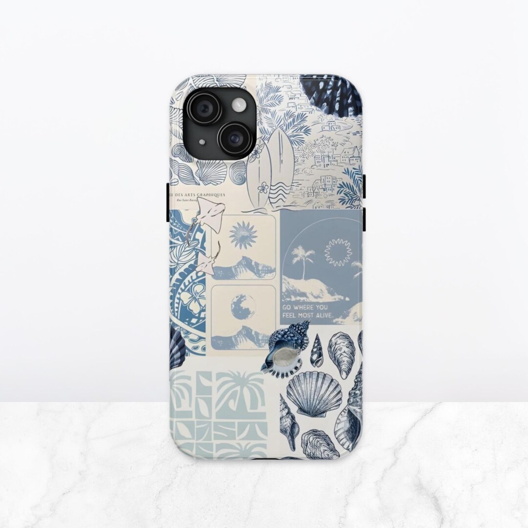 Beachy Soft Blue Summer Collage Phone Case, iPhone 16 15 14 13 12 11 X ...