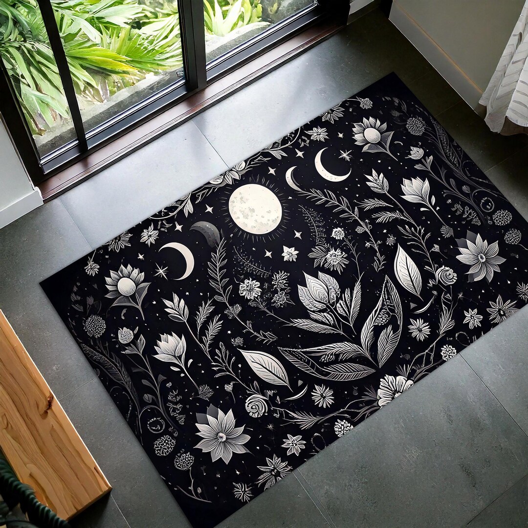 Black Moon Phase Floral Rug | Lunar Cycle Gothic Carpet | Celestial ...