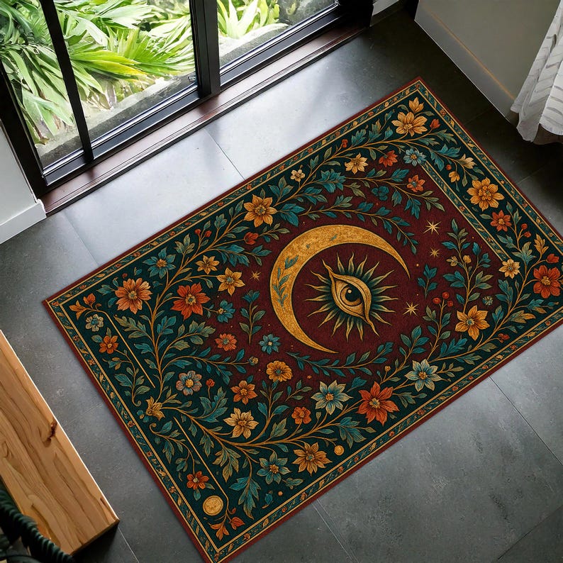 Mystical Moon Eye Rug, Floral Boho Occult Carpet With Celestial Symbols ...