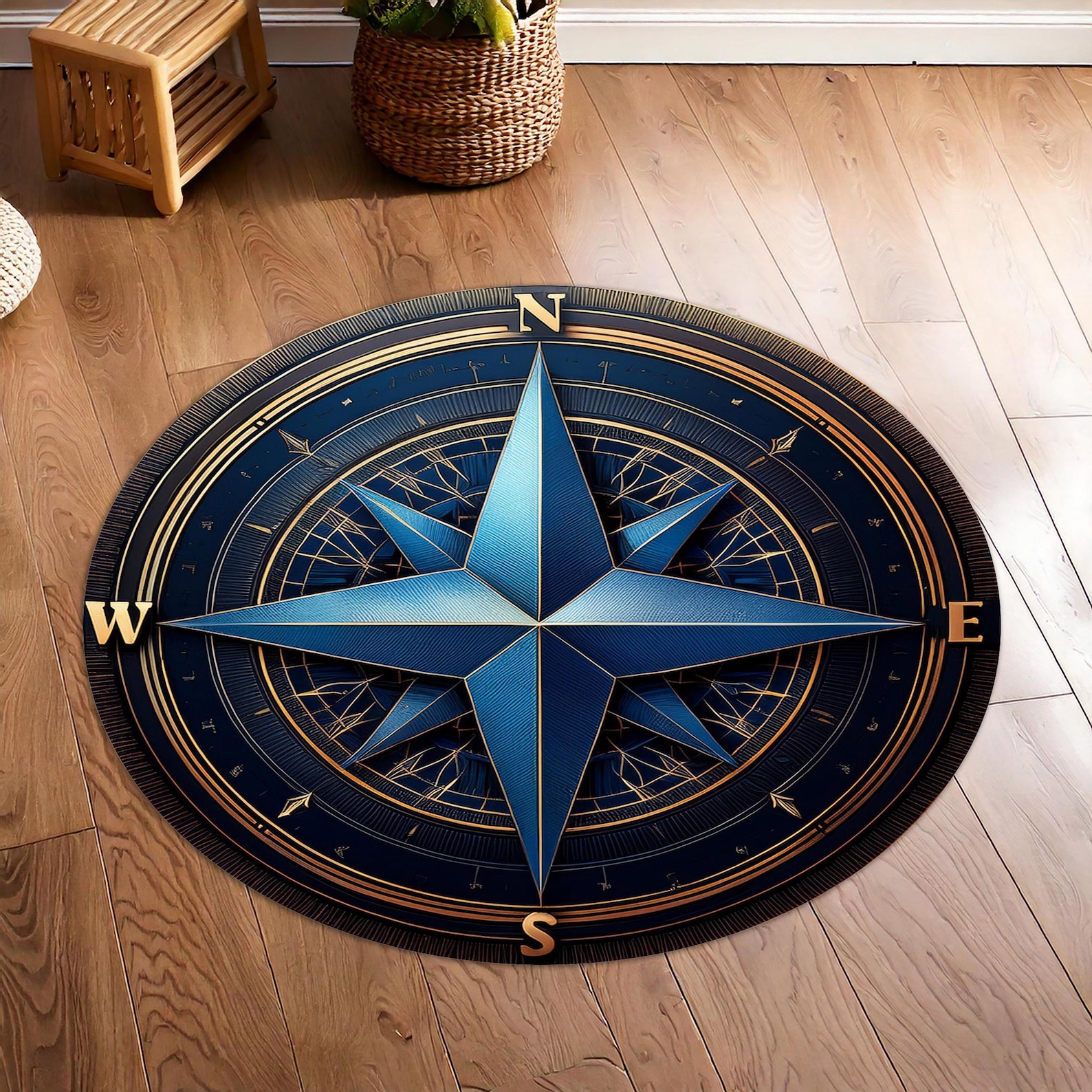 Navy Compass Round Rug, Nautical Map Design Carpet, Vintage Maritime ...