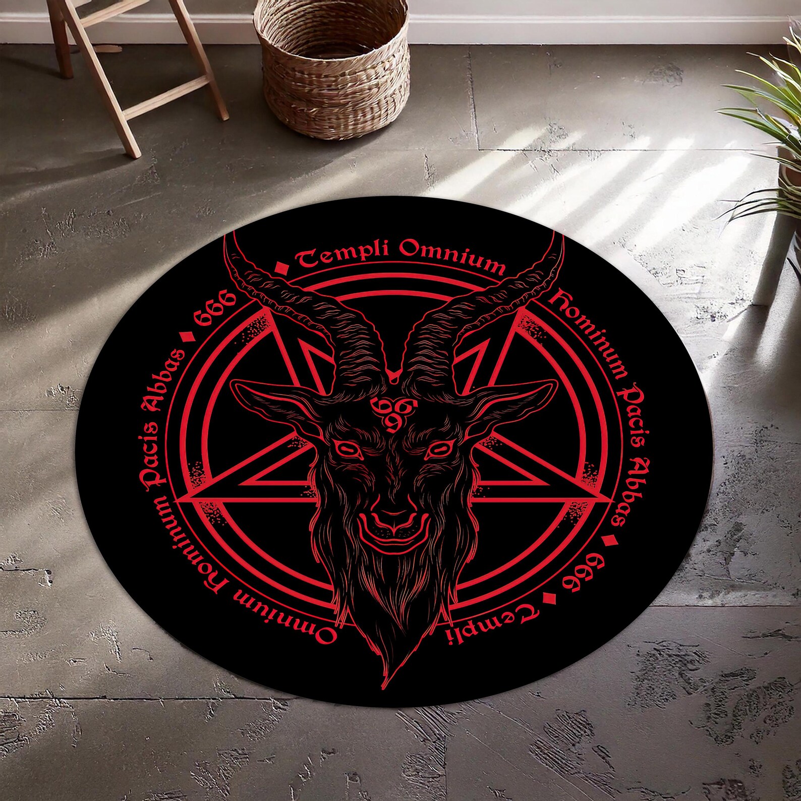 Red Devil Pentagram Round Rug, Gothic Style Carpet, Black Background ...