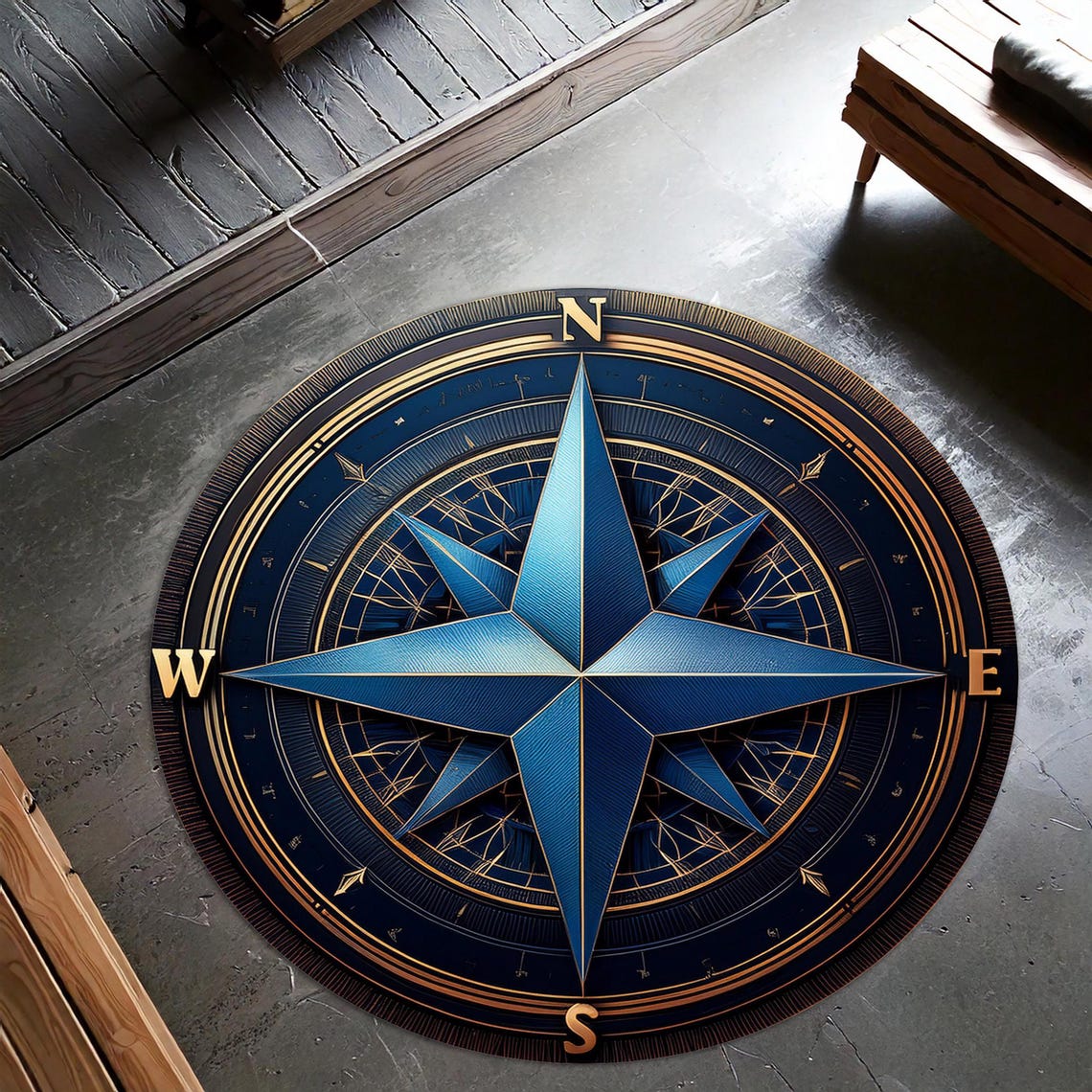 Navy Compass Round Rug, Nautical Map Design Carpet, Vintage Maritime ...