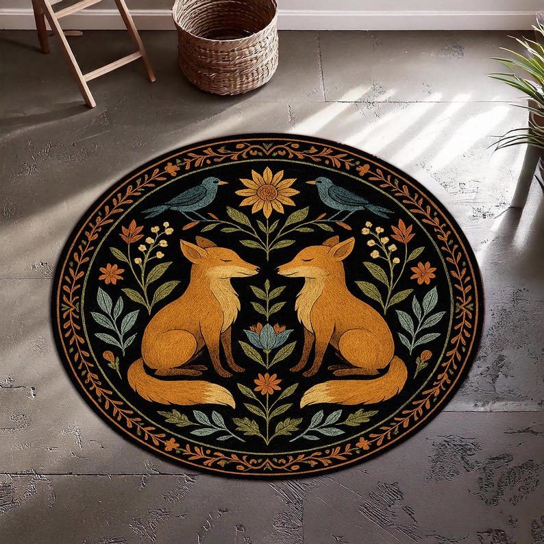 Folk Art Fox Round Rug – Two Orange Foxes With Floral and Bird Motifs ...