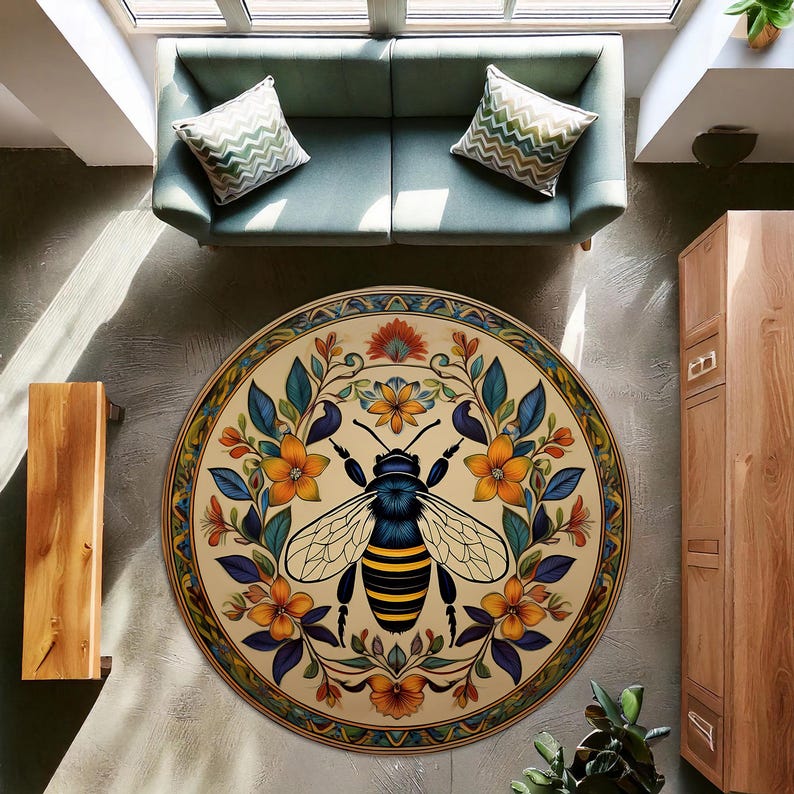 Floral Bee Rug | Beige Botanical Carpet With Bees | Nature-inspired ...