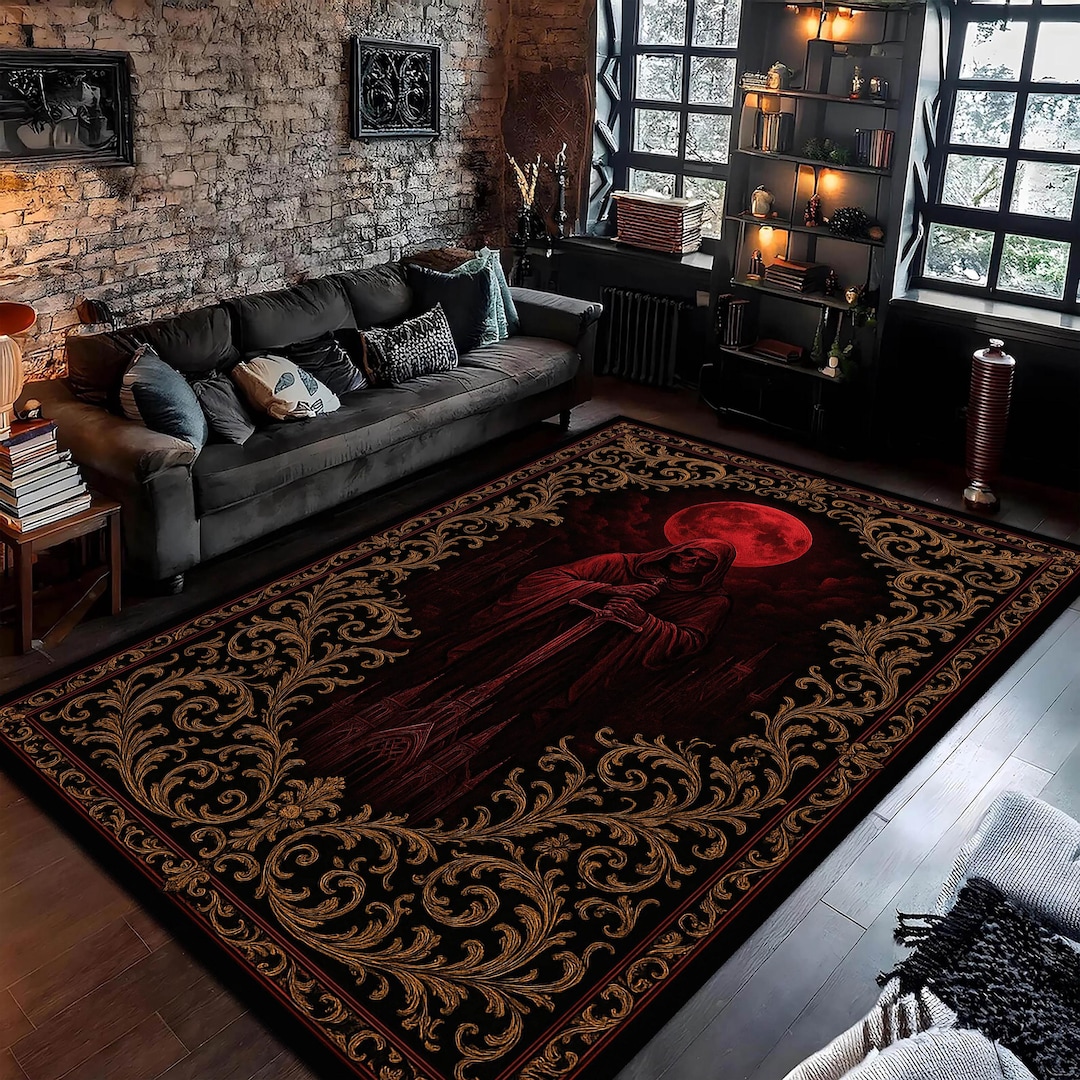 Crimson Reaper Baroque Rug, Gothic Dark Fantasy Carpet, Blood Moon Red ...
